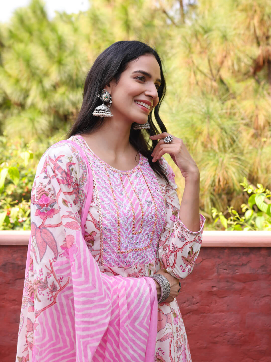 Shop Elegant Pink Floral Anarkali Kurta Set Dupatta- Raisin