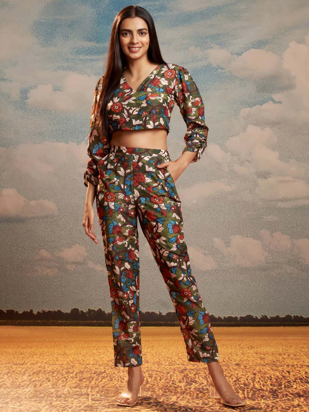 Multicolor Floral Print Muslin Straight Co-Ord Set-COD102