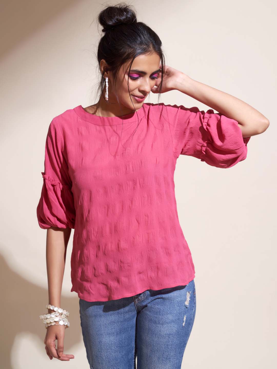 Pink Georgette Top With Flute Sleeves