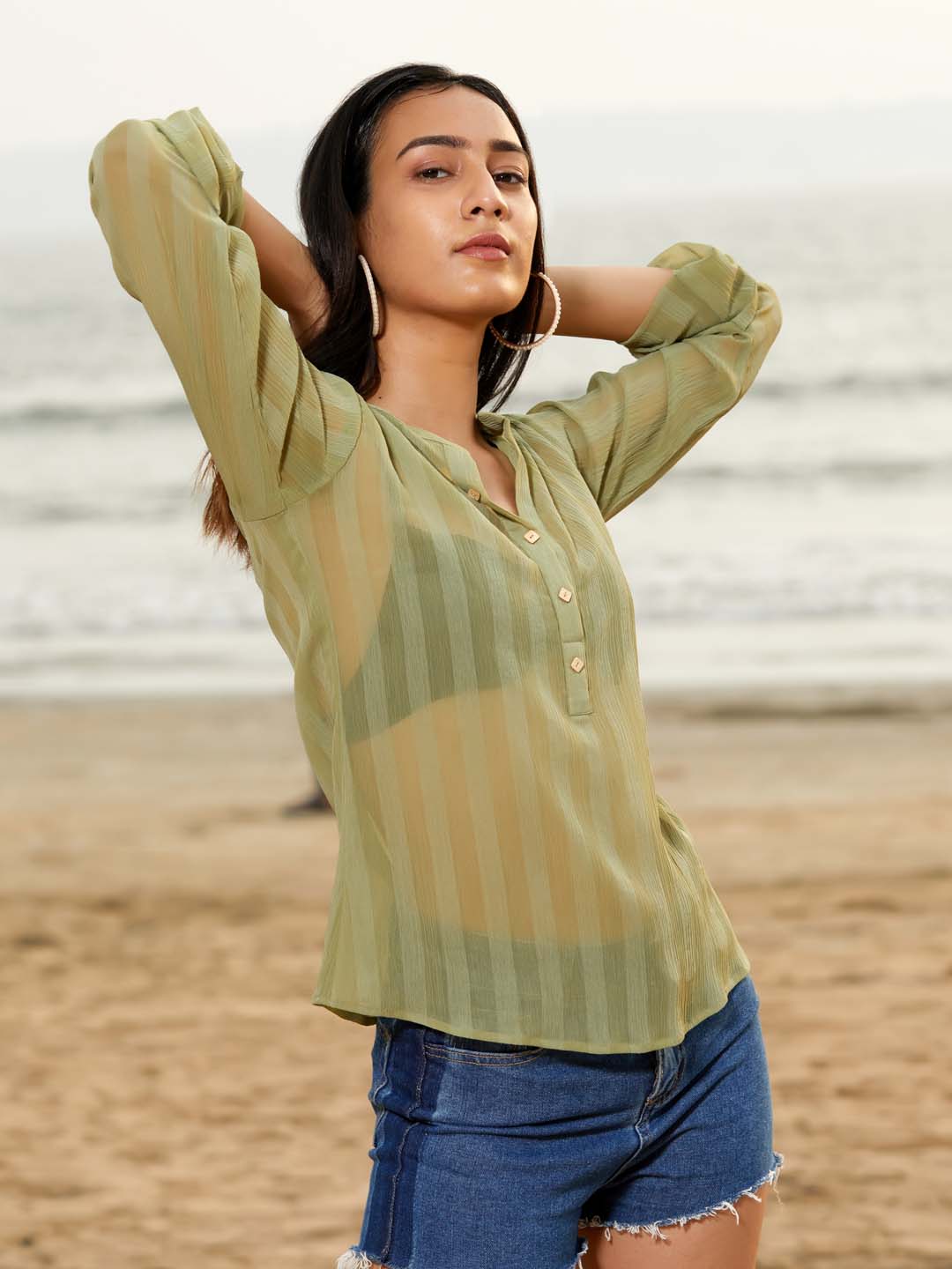 Olive Solid Georgette Straight Top-TOP115