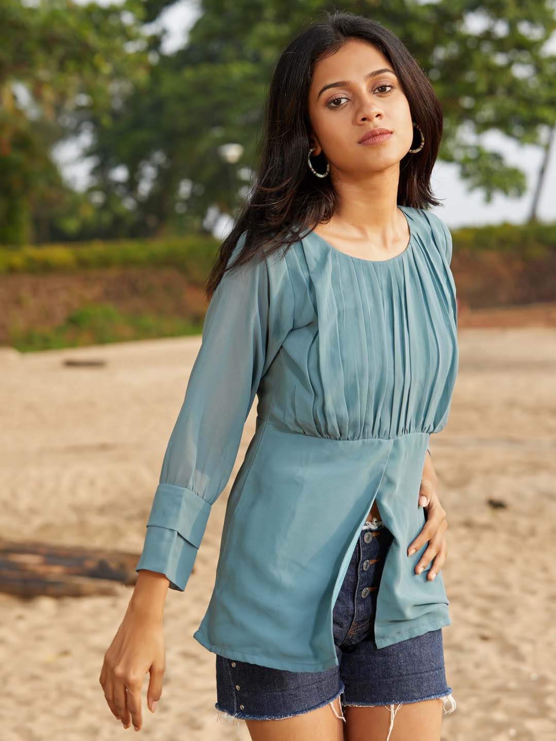 Dusty Blue Solid Georgette Straight Top-TOP125